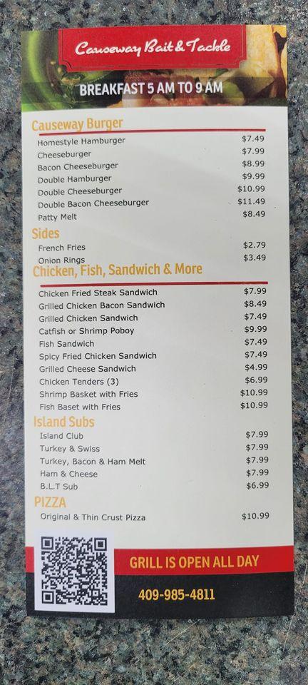 Menu at Causeway Bait & Tackle & Grill pub & bar, Port Arthur