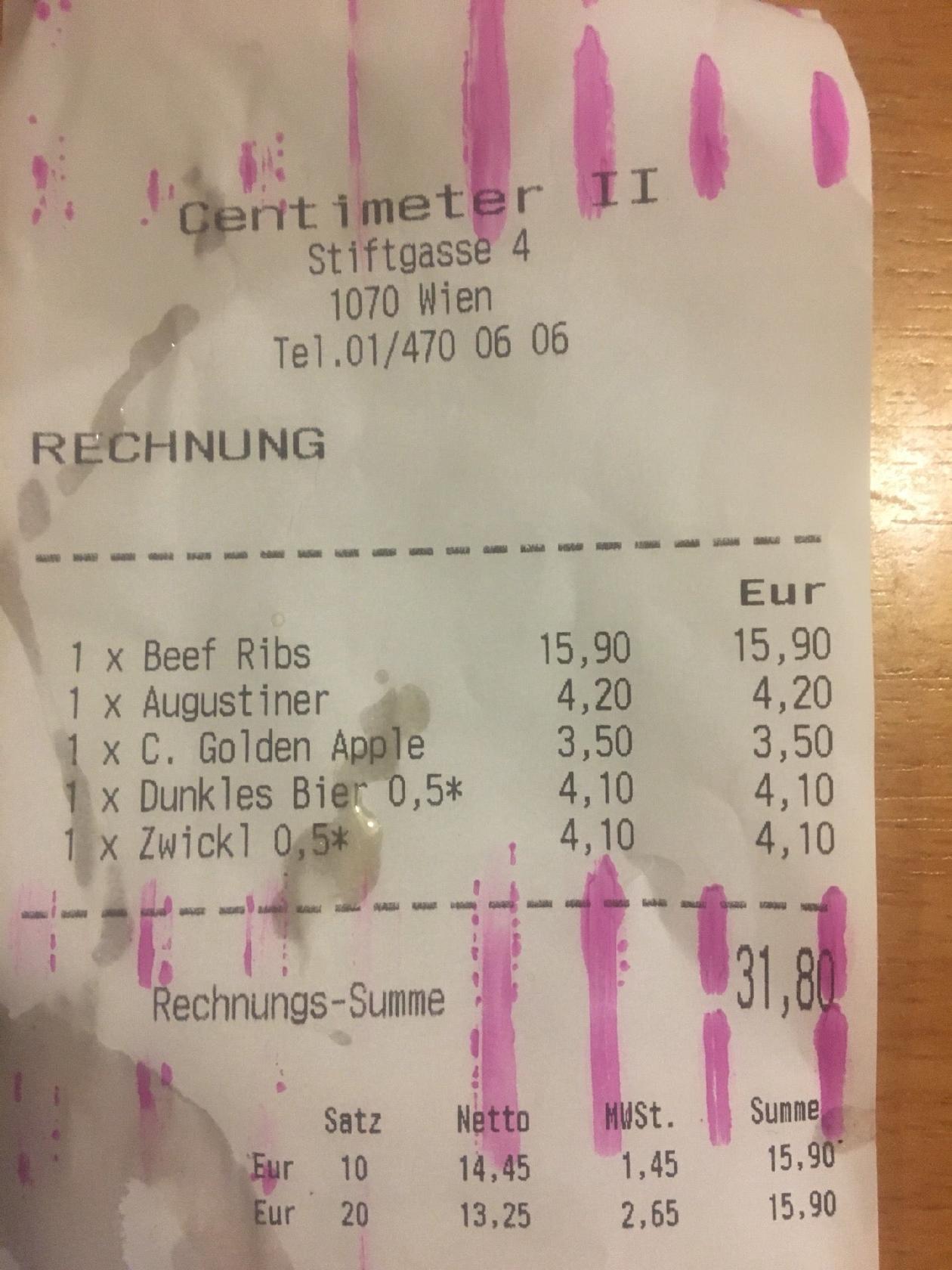 Menu at Centimeter pub & bar, Vienna, Stiftgasse 4