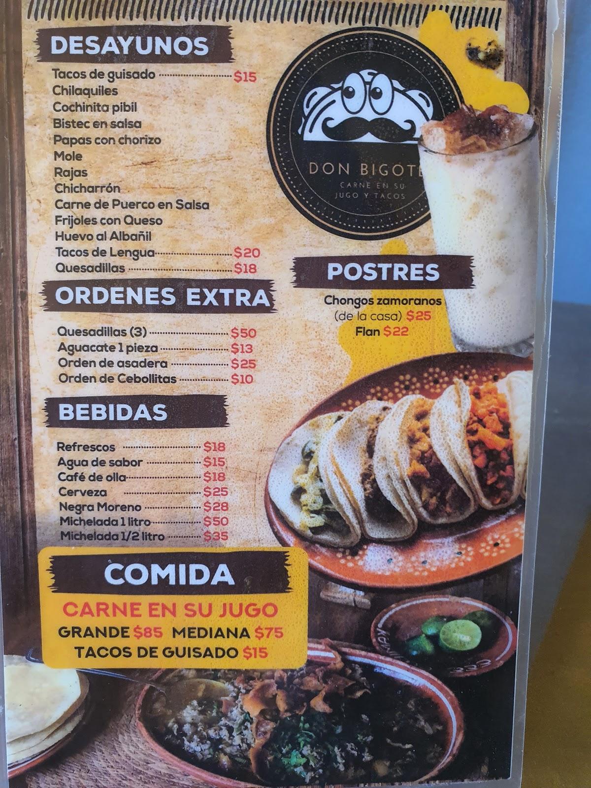 Menu at Don Bigote restaurant, Pátzcuaro