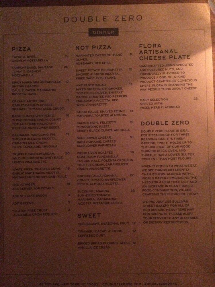 Menu at Double Zero pizzeria, New York City
