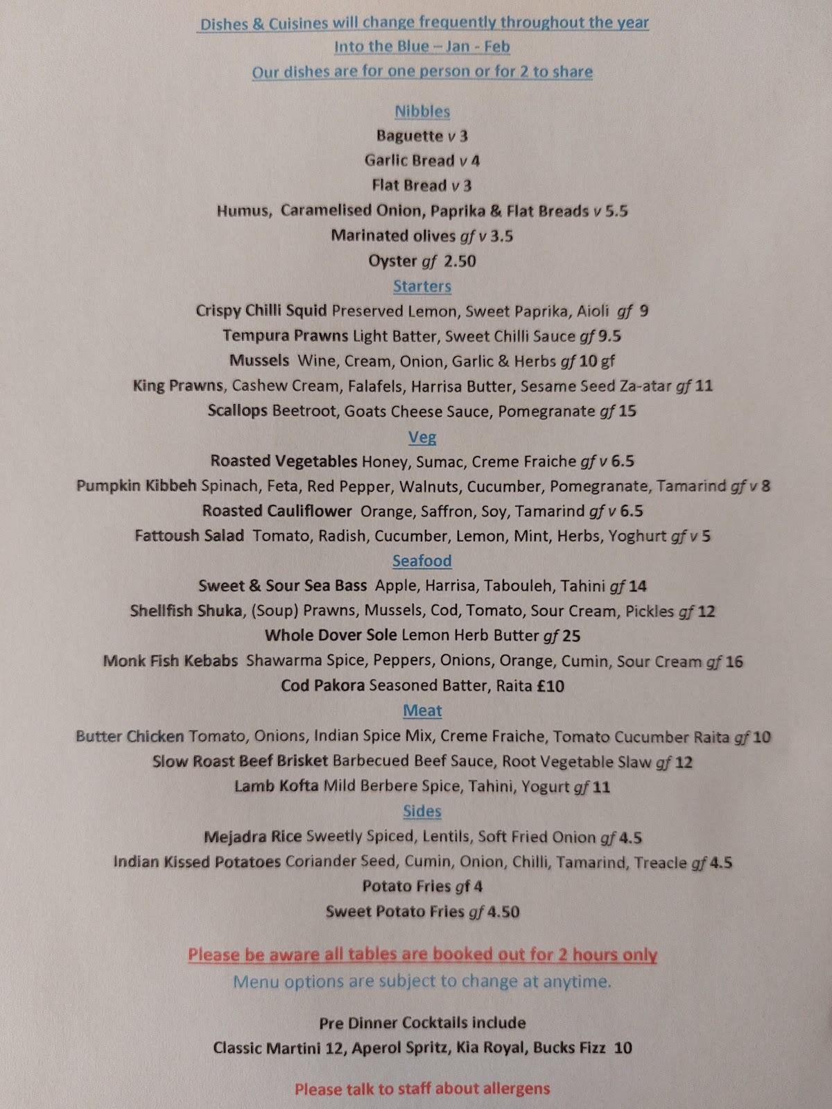 Menu at Into the Blue Restaurant, Shoreham-by-Sea