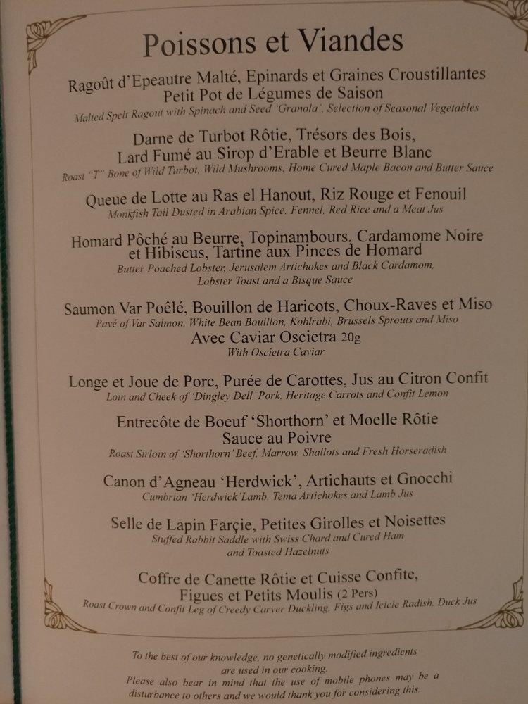 Menu at Le Gavroche restaurant, London