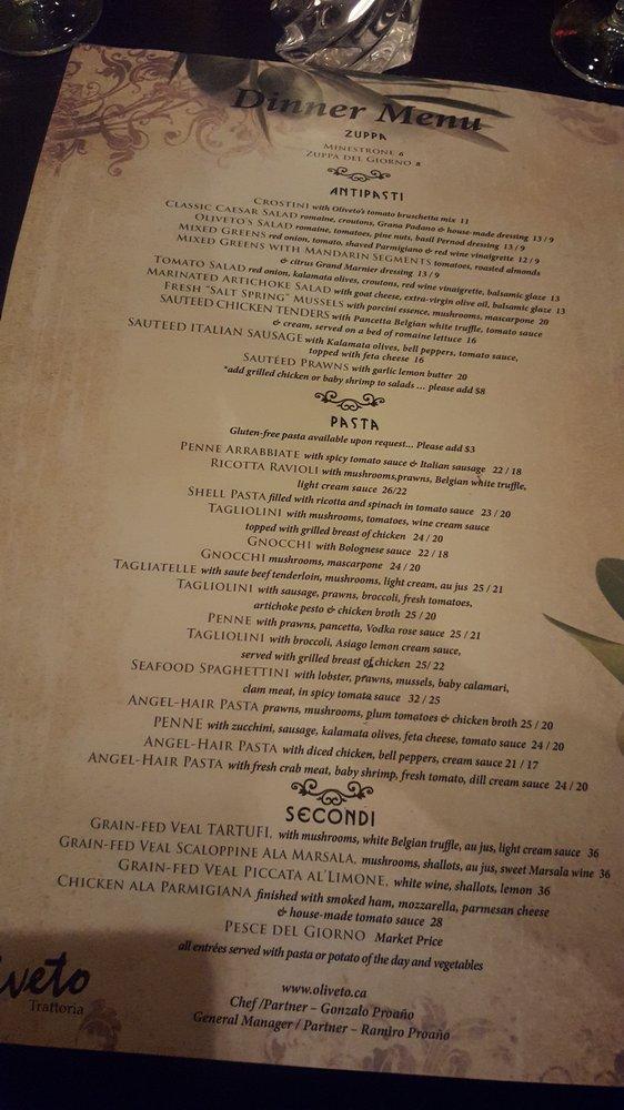 Menu at Oliveto Trattoria pub & bar, Edmonton