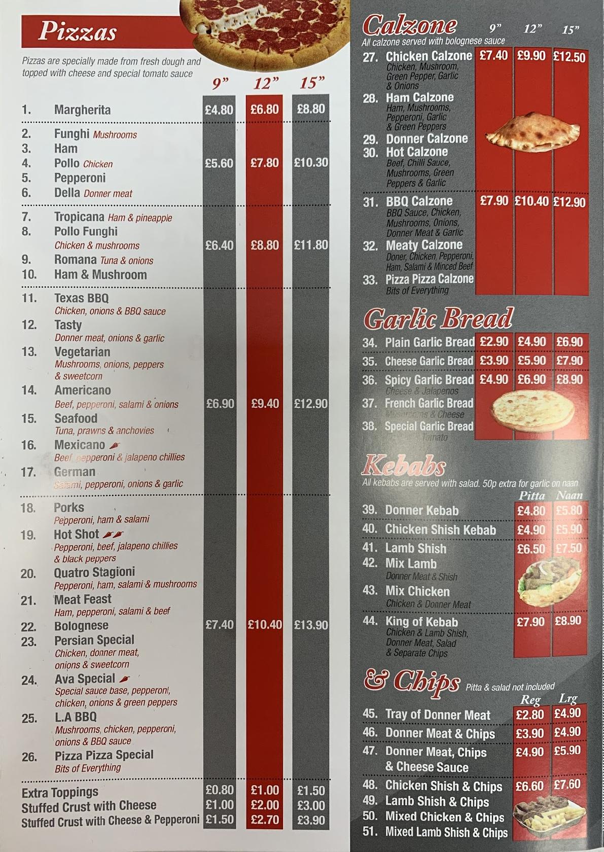 Menu at Pizza pizza fast food, Rotherham