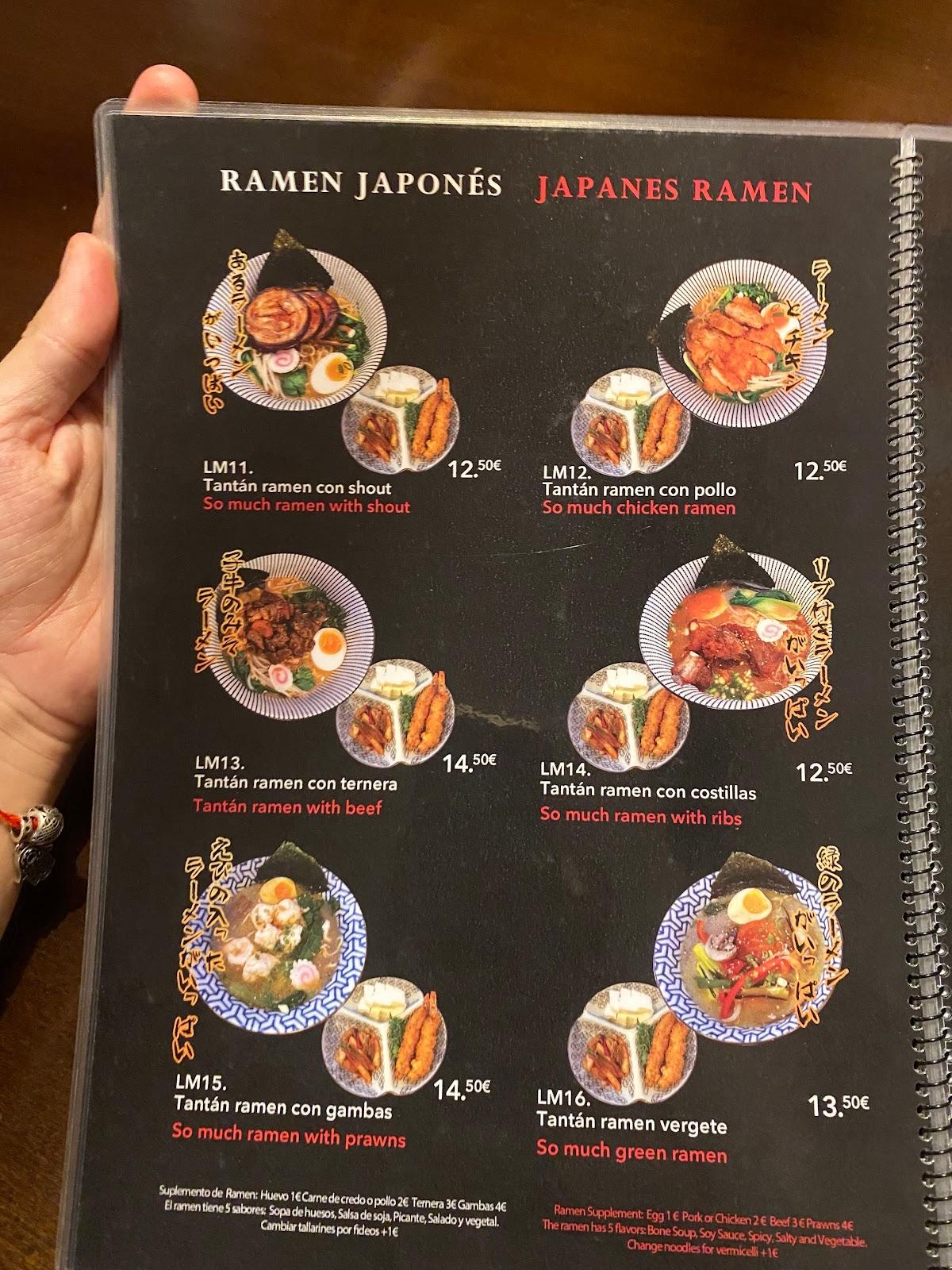 Menu at Ramen Kumamon（日本拉面馆） restaurant, Barcelona