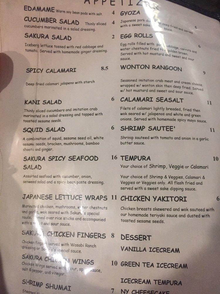 Menu at Sakura Teppan Steak & Sushi restaurant, Tucson