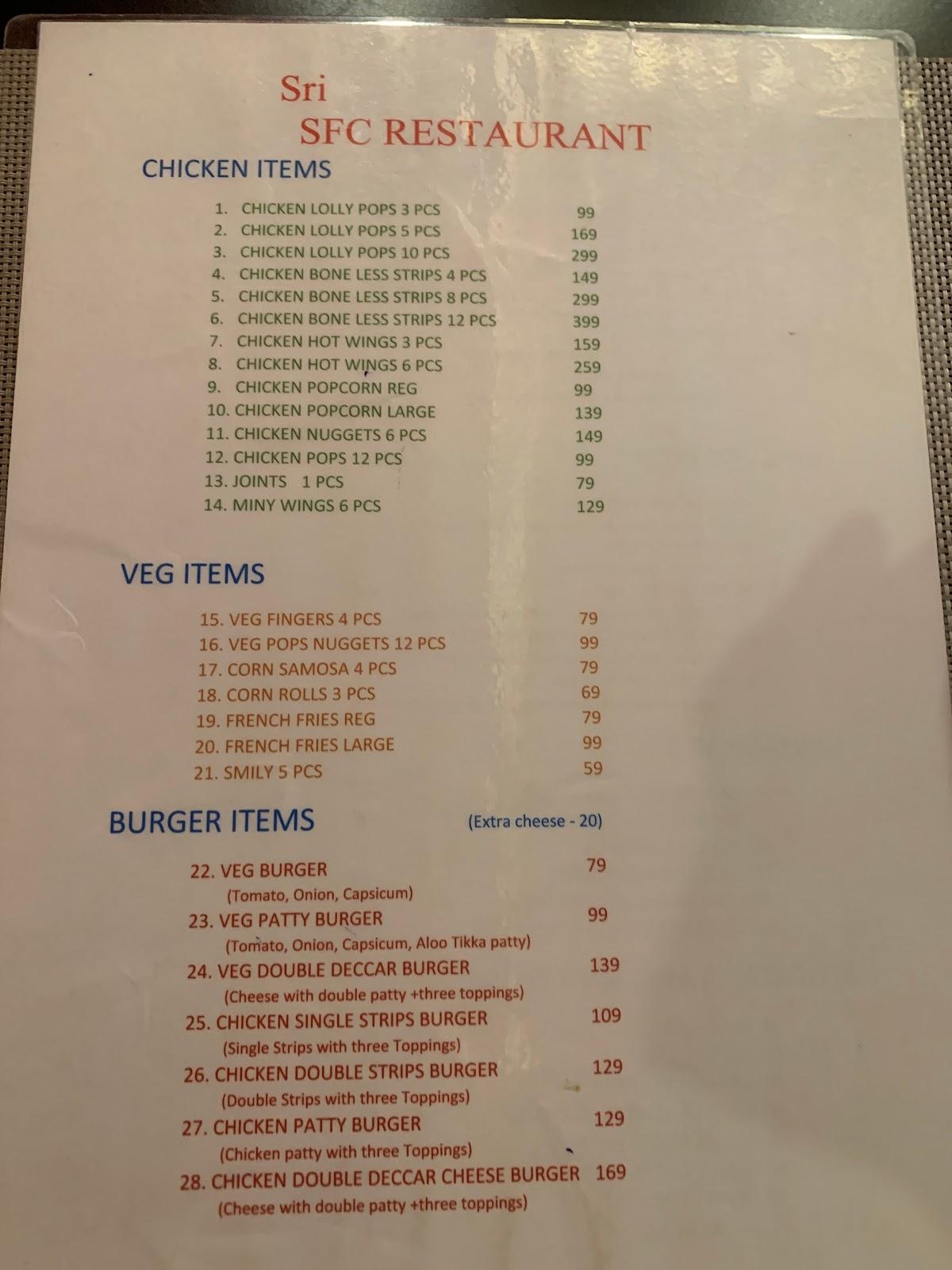 Menu at Sri SFC Restaurant, Nandigama