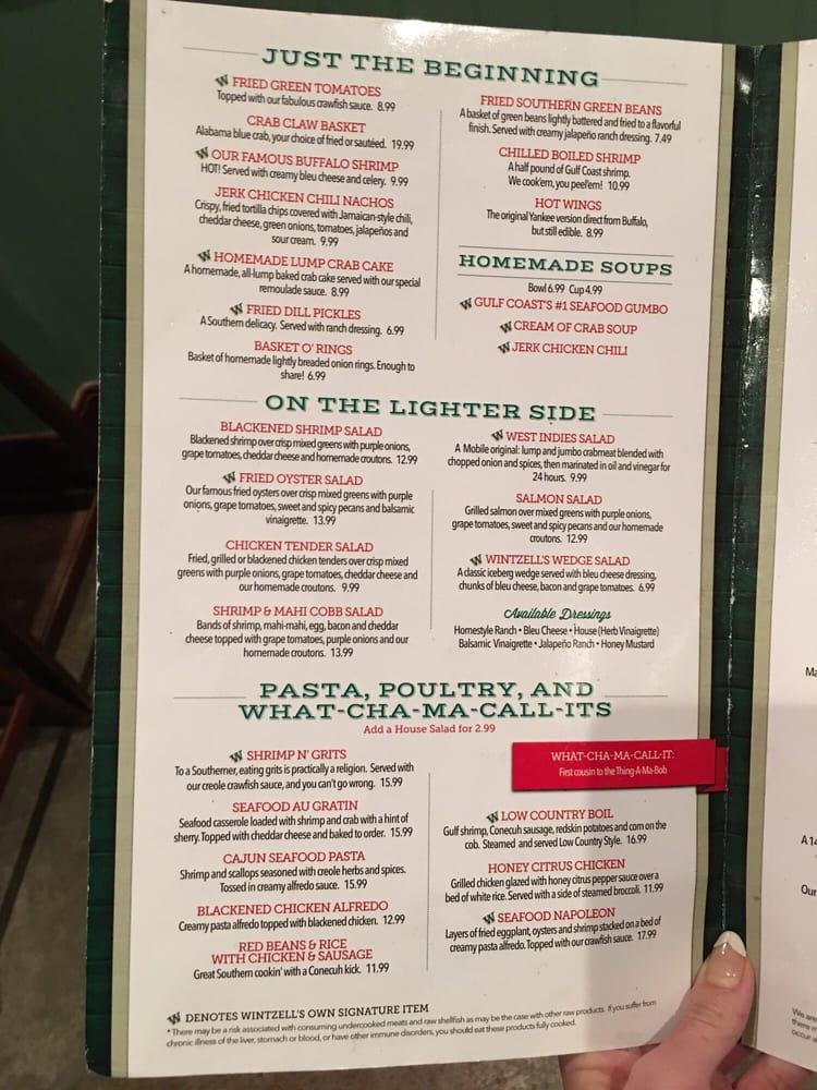 Menu at Wintzell's Oyster House restaurant, Montgomery, 105 Commerce St