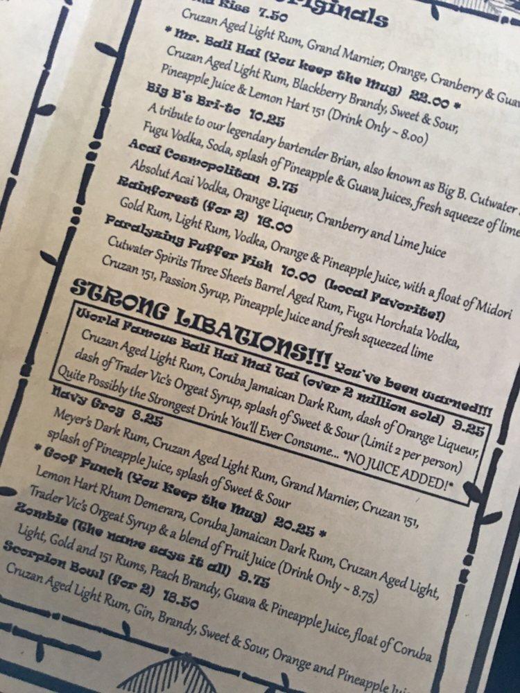 Menu at Bali Hai Restaurant, San Diego