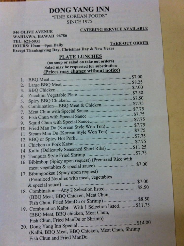 Menu at Dong Yang Inn restaurant, Wahiawa