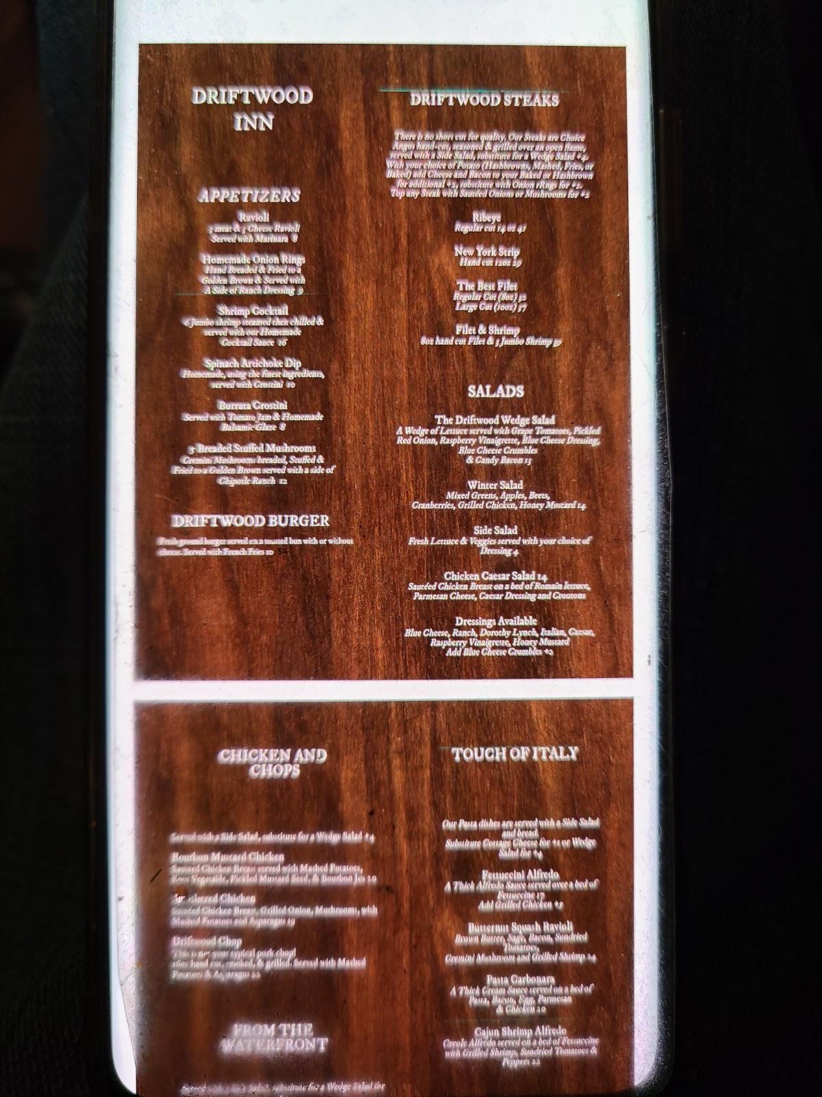 Menu at Lois’s Driftwood Inn steakhouse, Blair, Serenity Ln