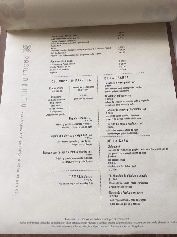 Menu at Pasillo de Humo restaurant, Ciudad López Mateos