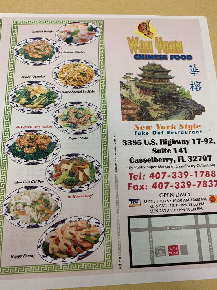 Menu at Wah Yoan restaurant, Casselberry