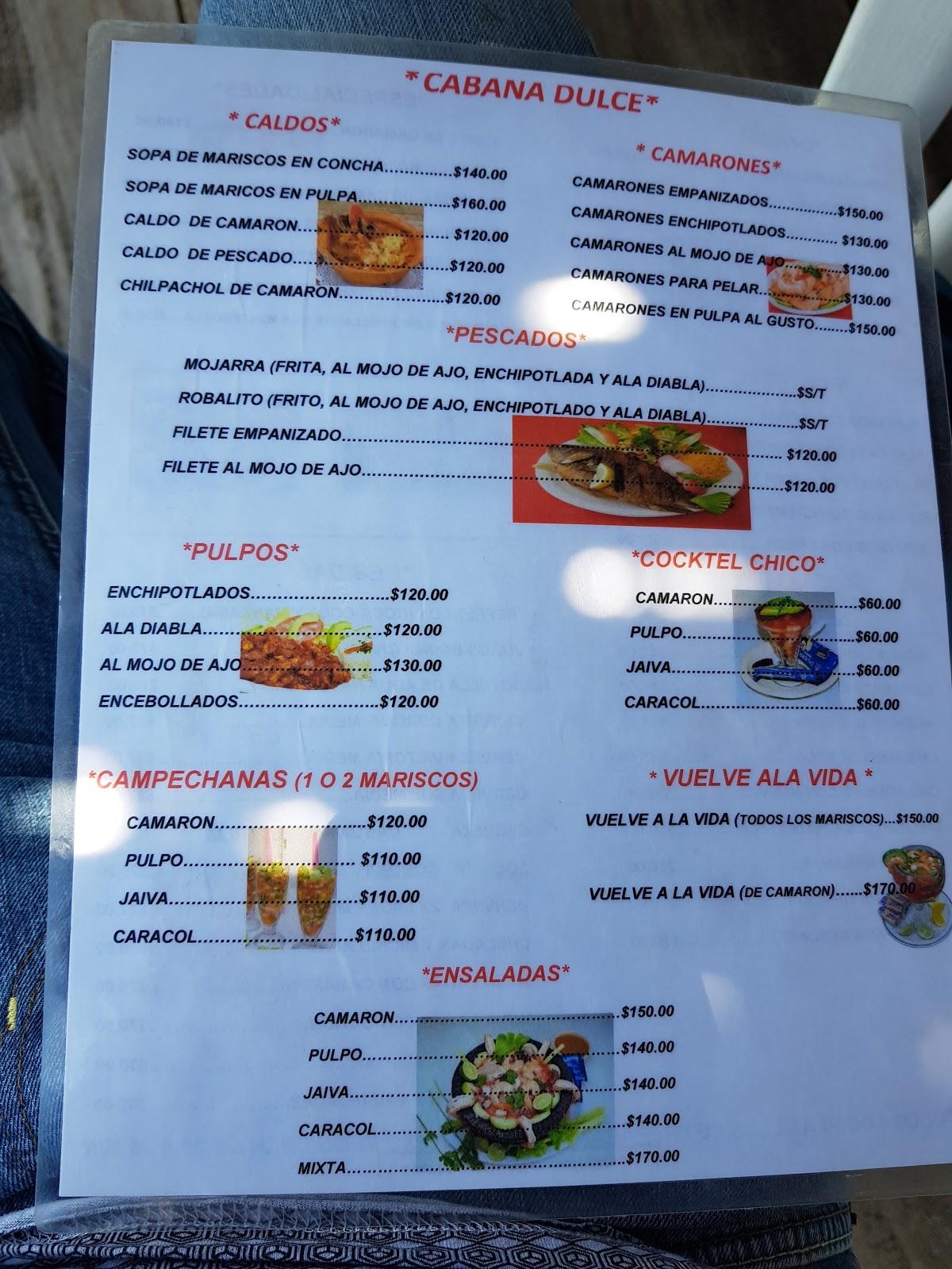 Menu at Cabaña Dulce restaurant, Playa de Chachalacas