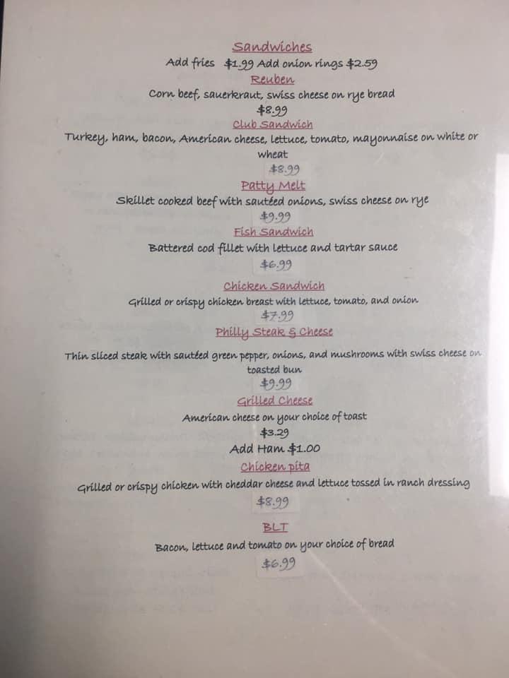 Menu at Country Red Hen restaurant, Peck