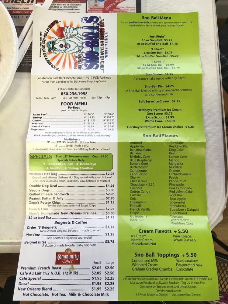 Menu at David's Sno-Balls cafe, Panama City Beach
