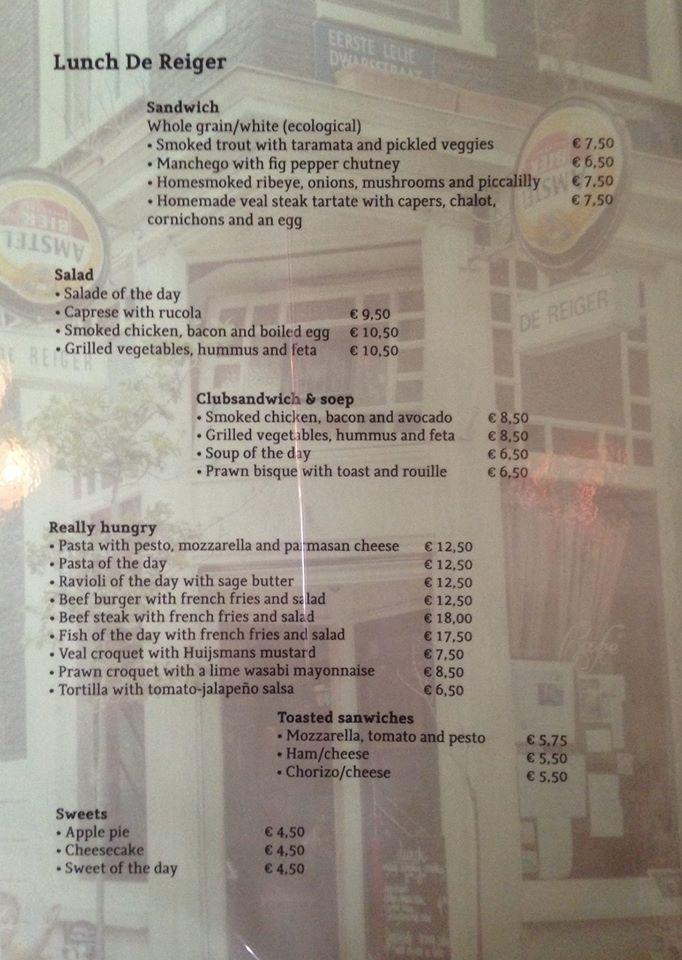 Menu at Café Restaurant De Reiger, Amsterdam