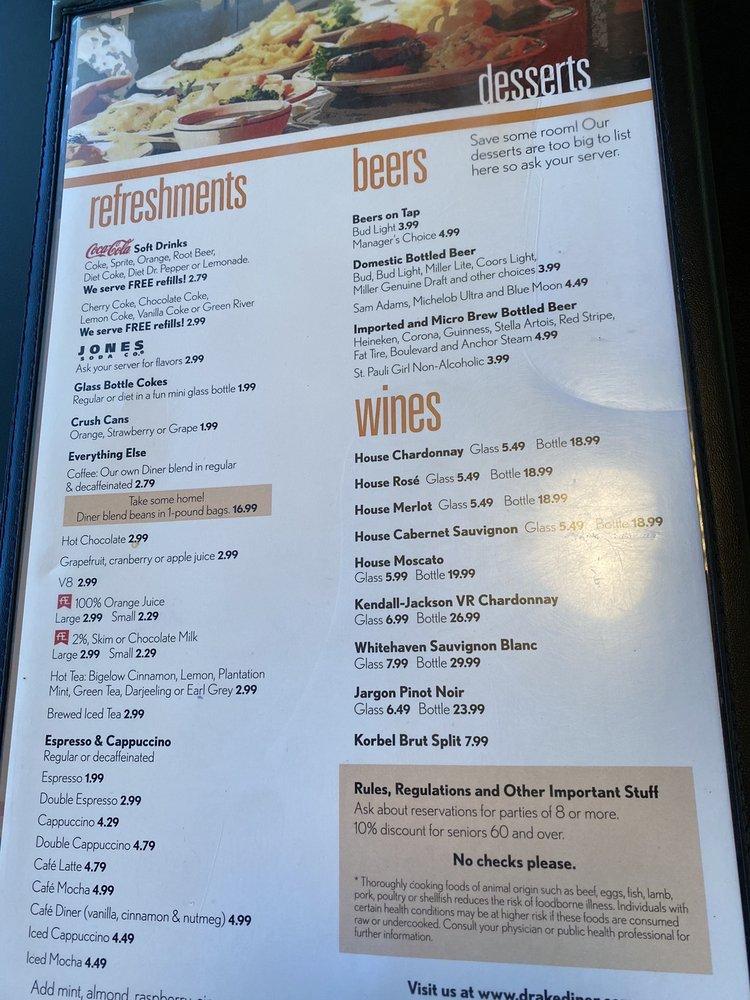 Menu at Drake Diner restaurant, Des Moines