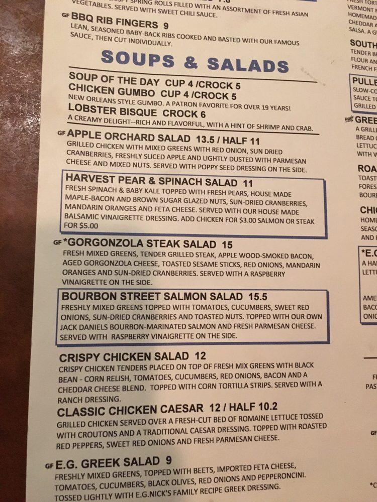 Menu at E.G. Nick's Of Downtown Plymouth pub & bar, Plymouth