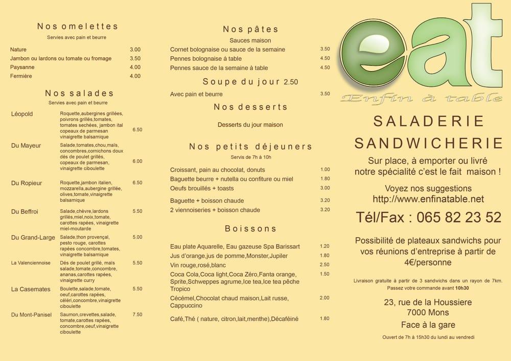 Menu at Eat enfin à table, Mons