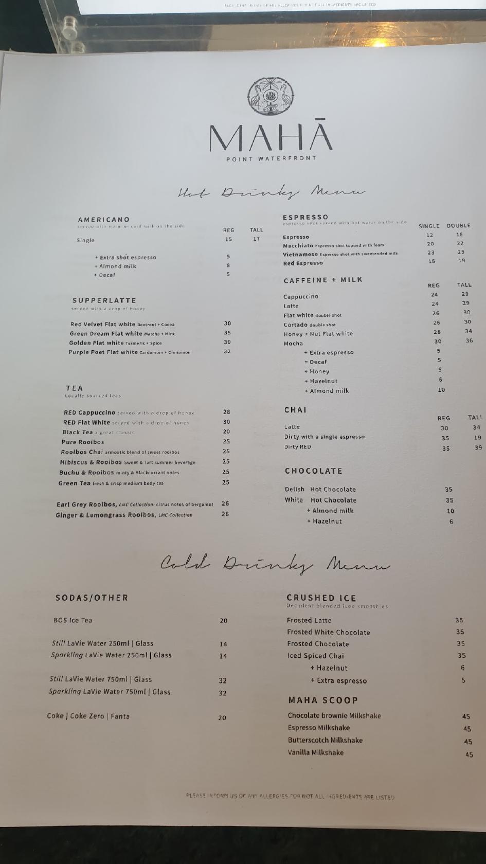 Menu at Mahā Café restaurant, Durban