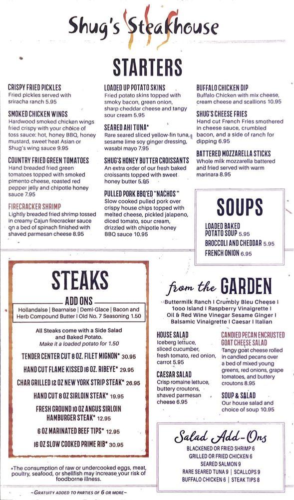 Menu at Shug's Steakhouse, Hartsville
