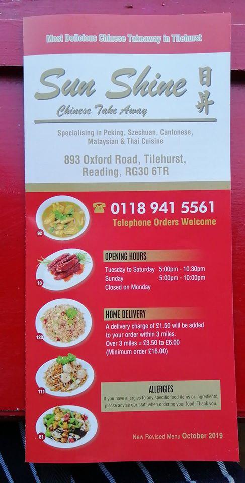 Menu at Sunshine restaurant, Reading
