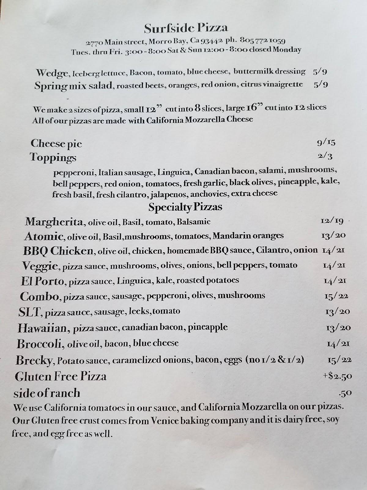 Menu at Surfside Pizza pizzeria, Morro Bay