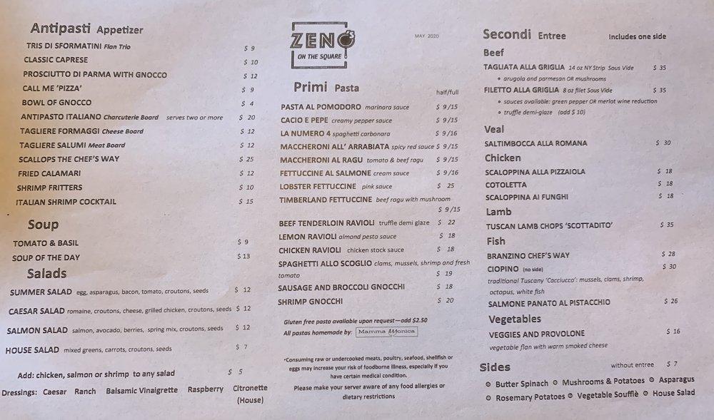 Menu at Zeno’s On The Square restaurant, Weatherford