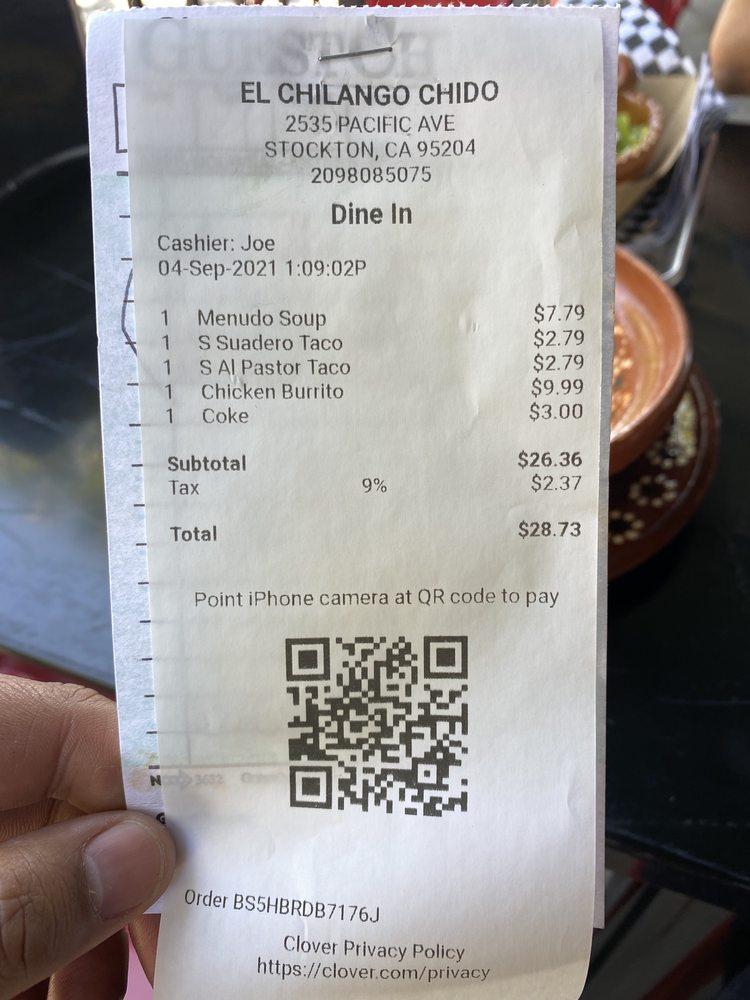 Menu at El Chilango Chido restaurant, Stockton