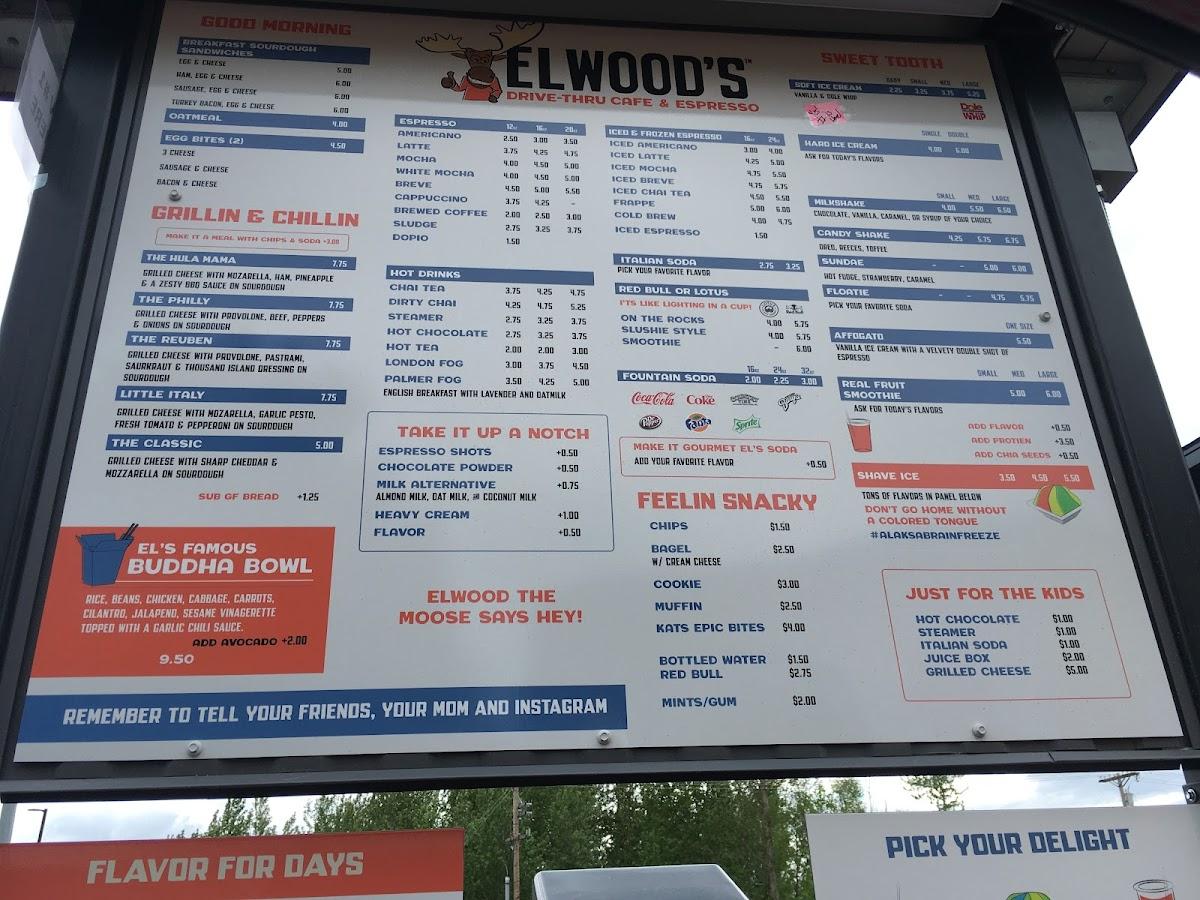 Menu at Elwood's Drive Thru cafe, Palmer