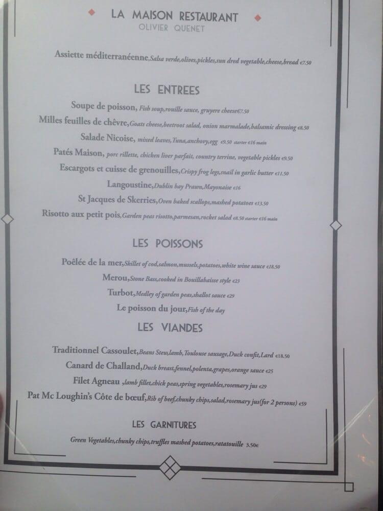 Menu at La Maison restaurant, Dublin