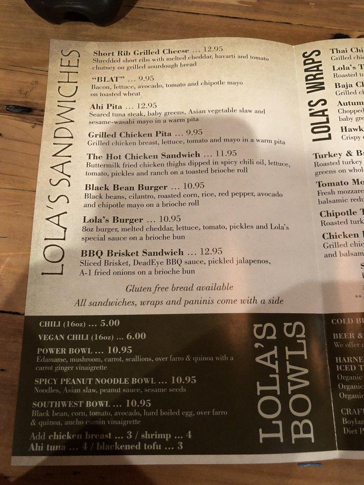Menu at Lola's Cafe, New Paltz