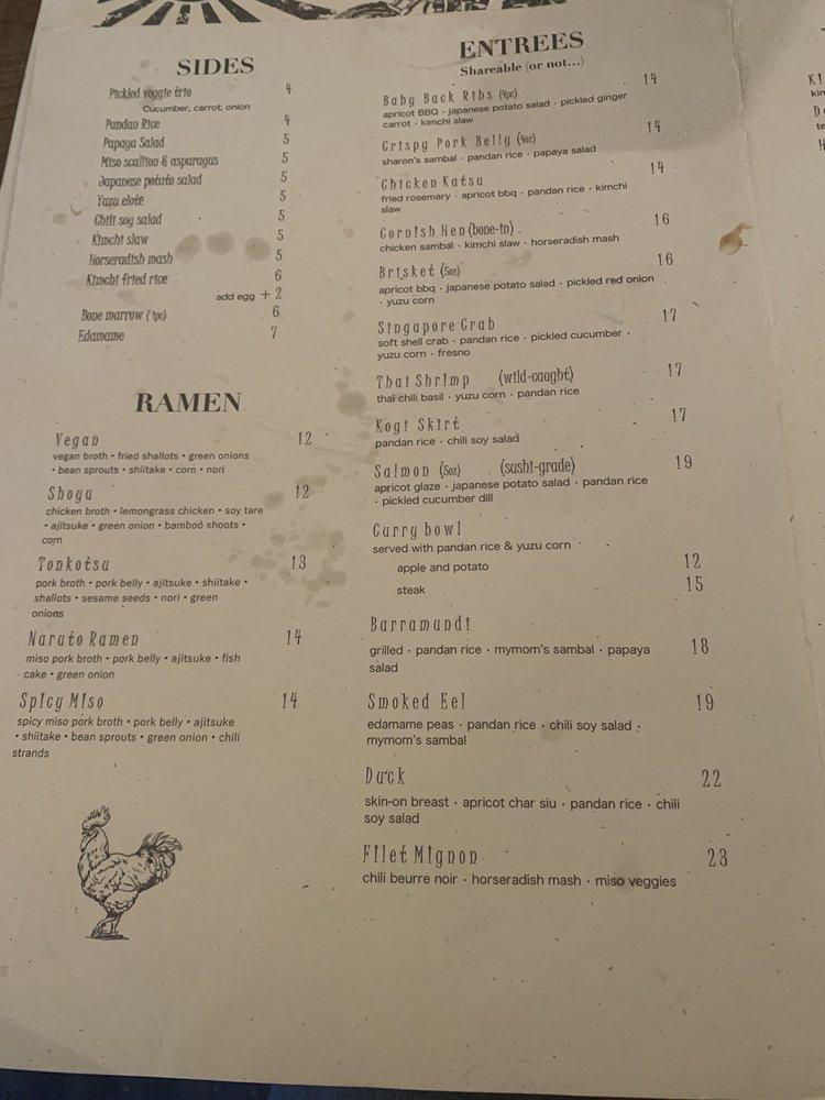 Menu at NoMi restaurant, El Paso