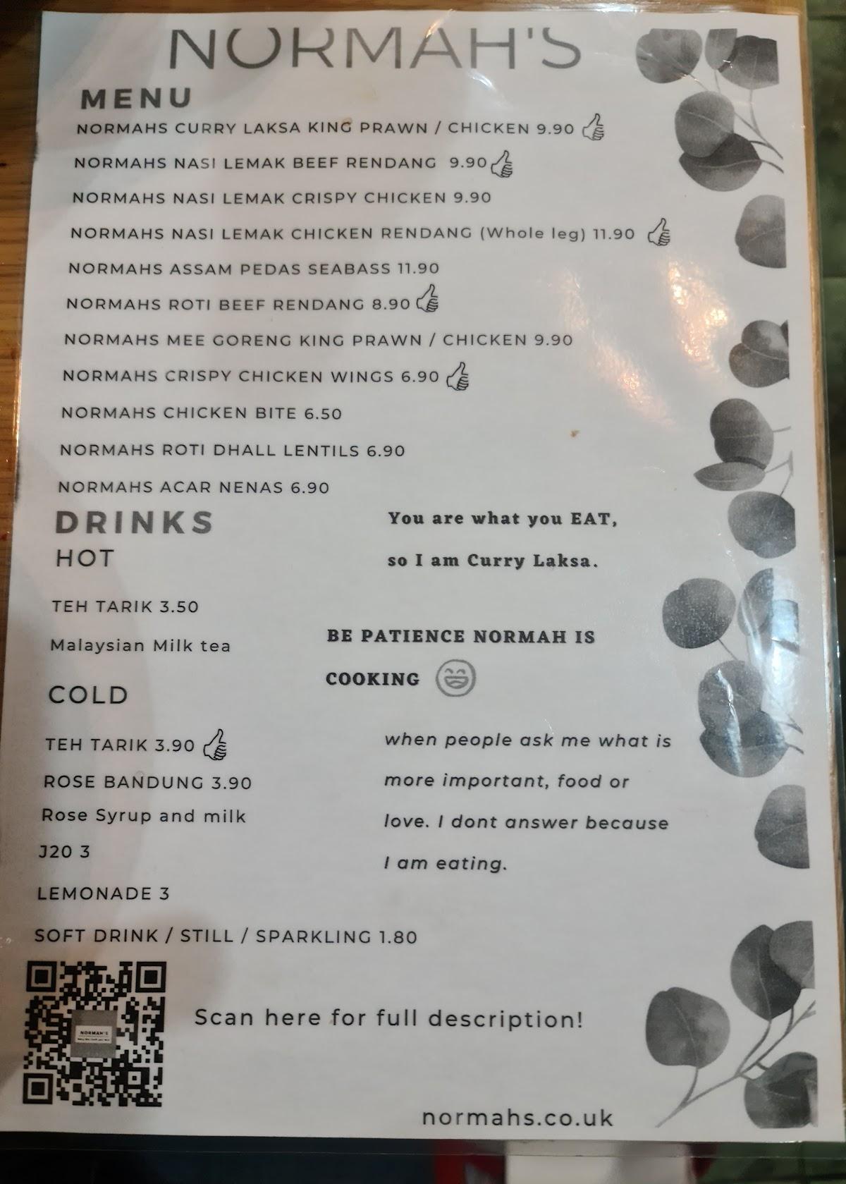 Menu at Normah's cafe, London