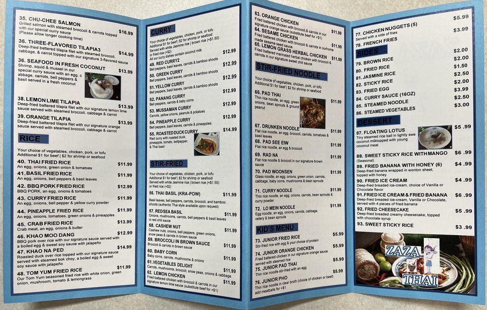 Menu at ZAZA THAI restaurant, McKinney