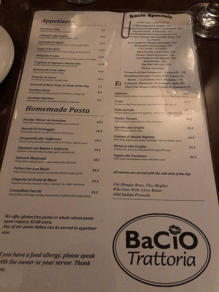 Menu at Bacio restaurant, Cross River