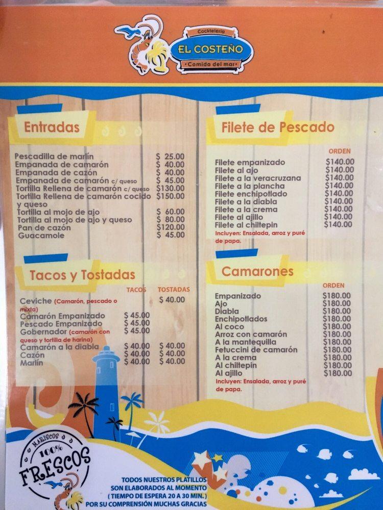 Carta del restaurante El Costeño, Merida, Calle 74 490