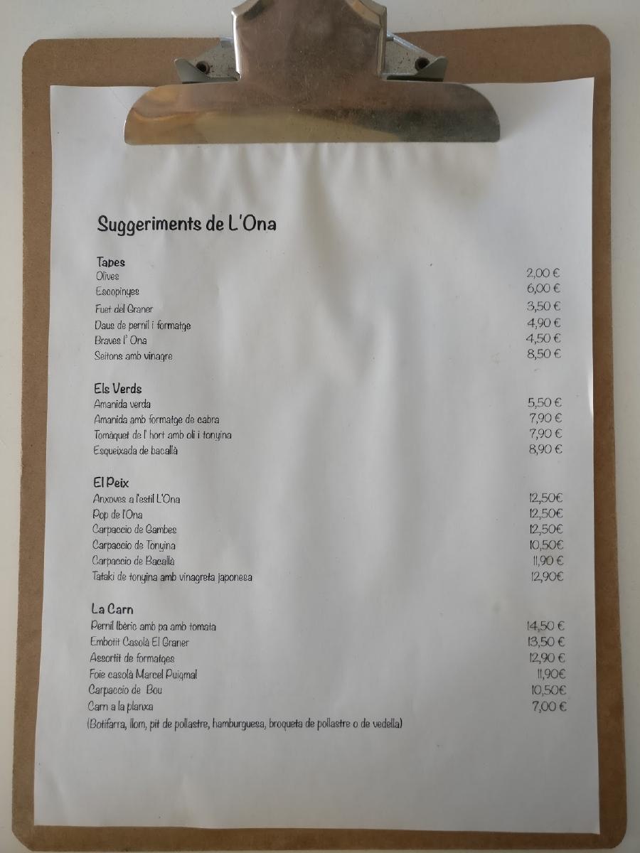 Menu at L'Ona restaurant, Colera
