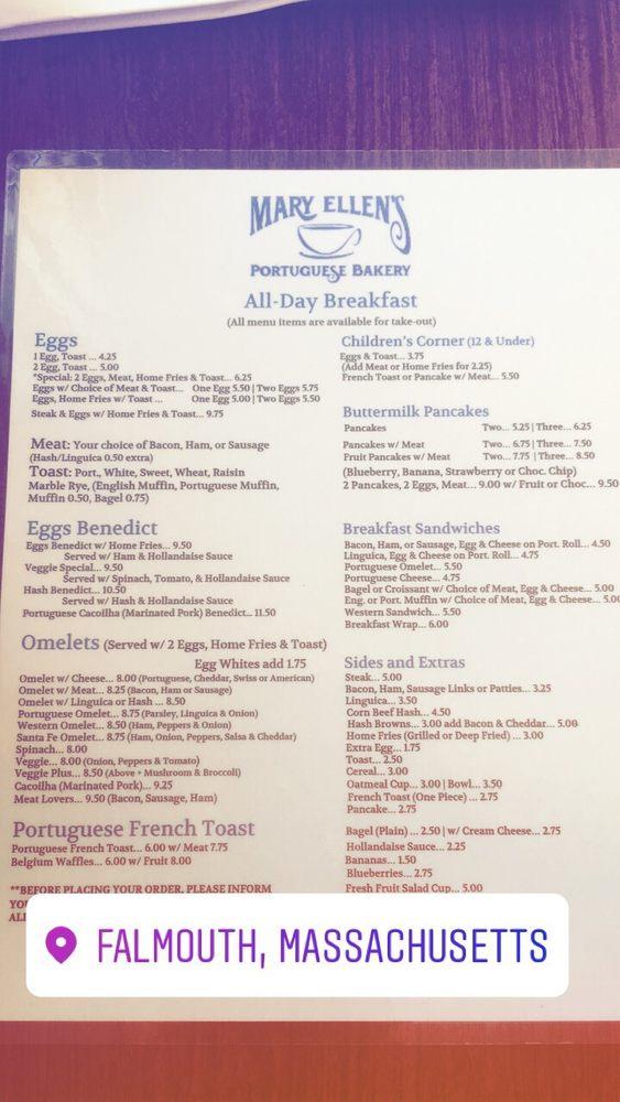 Menu at Mary Ellen's Portuguese Bakery, Falmouth