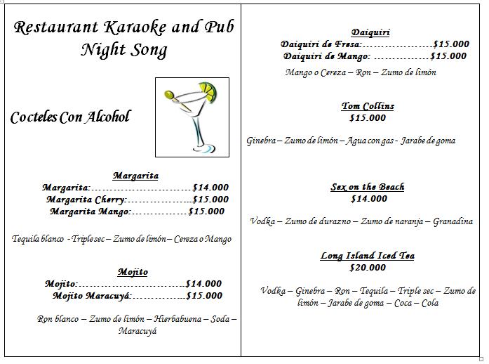 Menu at Night Song pub & bar, Bucaramanga
