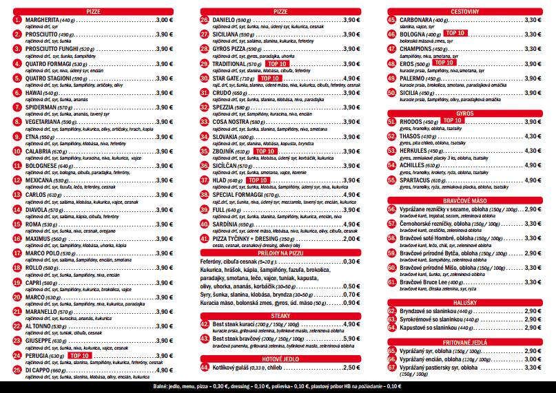 Menu at Pizzeria STAR GATE, Bytča