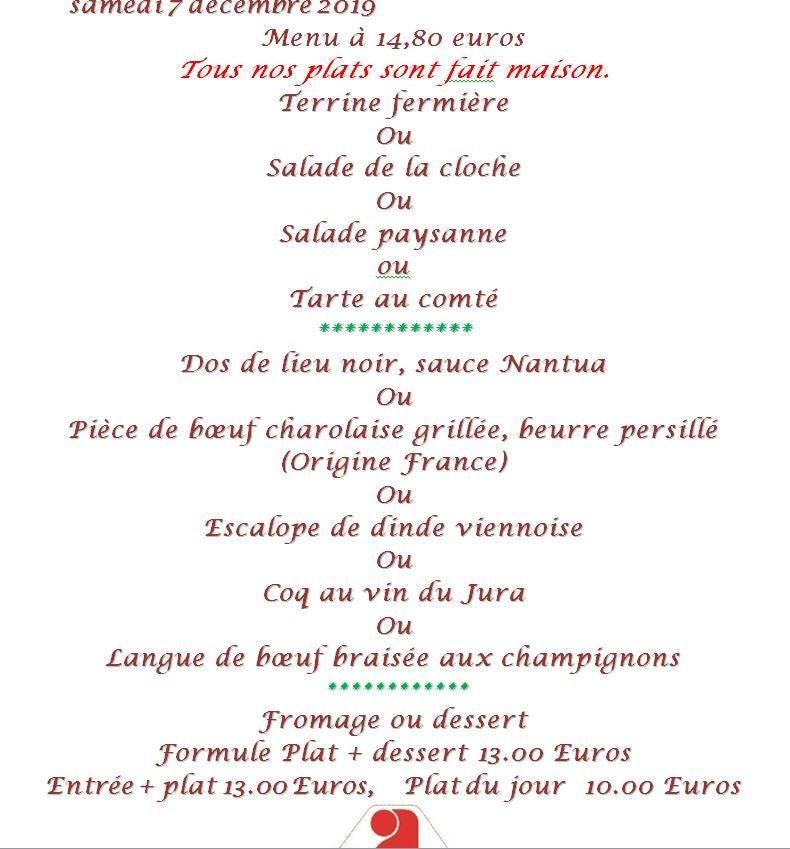 Menu au restaurant de la cloche, Bletterans