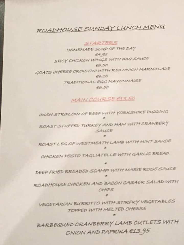 Menu at The Roadhouse restaurant, Mullingar