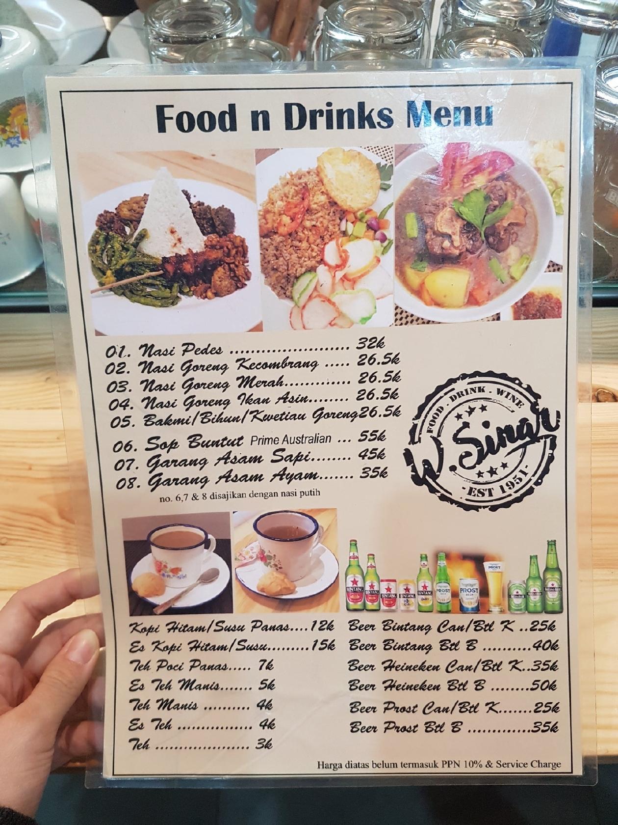 Menu at W.SINAR (Warung Sinar) restaurant, Central Jakarta, Jl. H. Agus ...