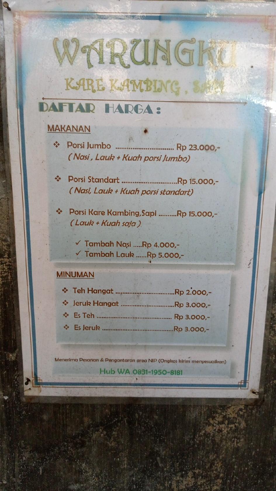 Menu at Warung ku "kare kambing" restaurant, Sedati