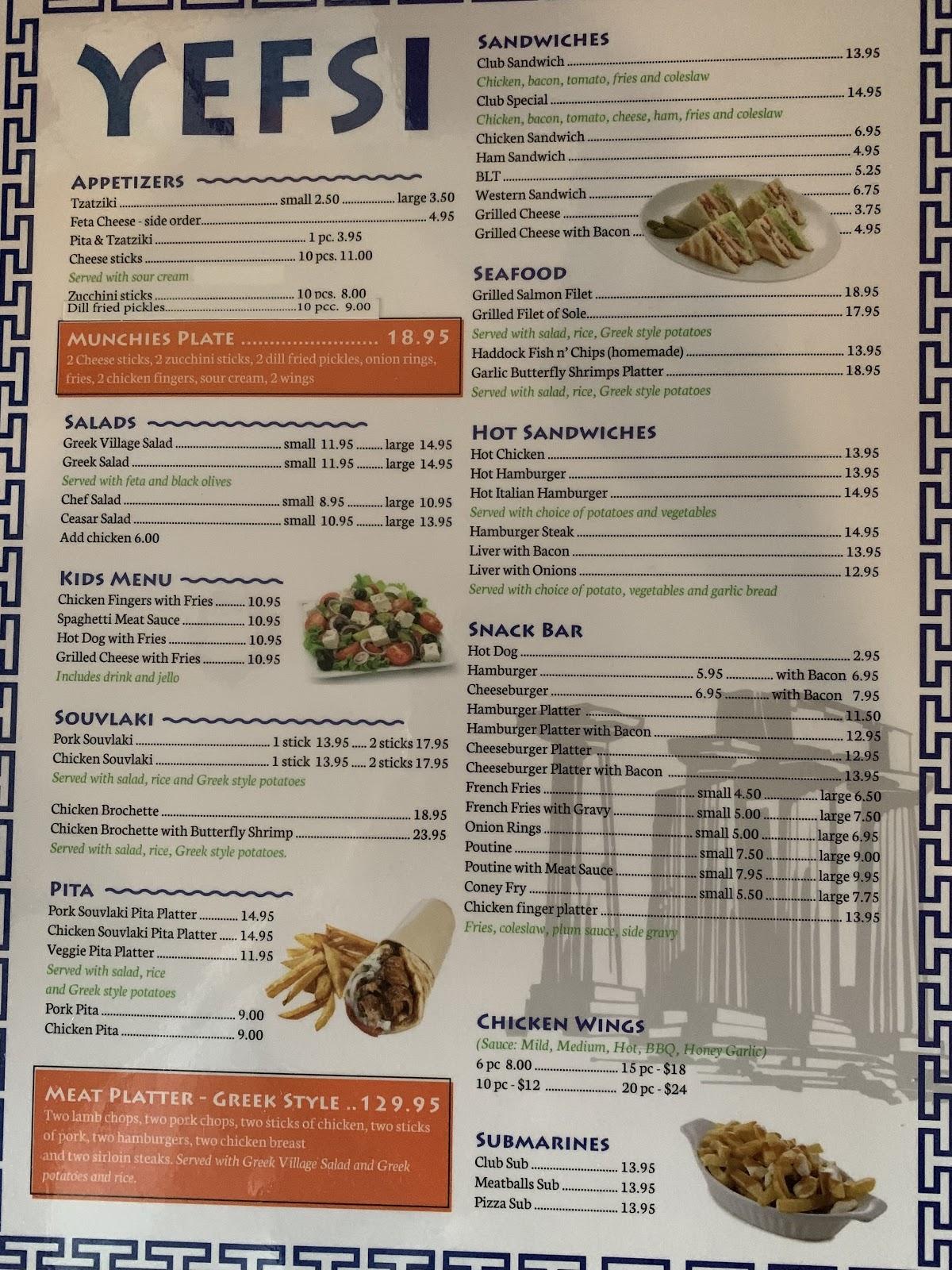 Menu at Yefsi Restaurant, Iroquois