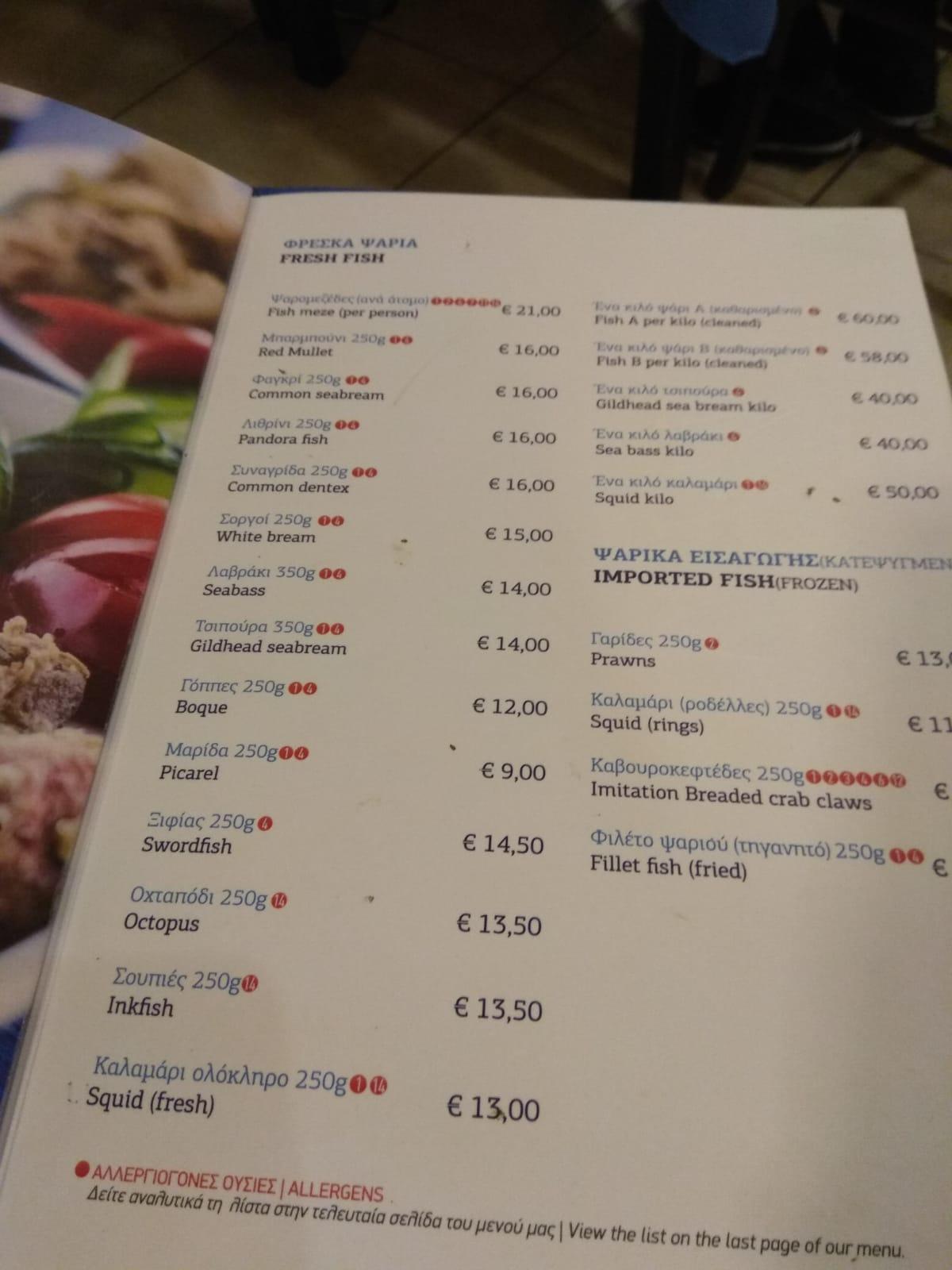 Menu at Zephyros Restaurant, Larnaca, Piale Pasa 37