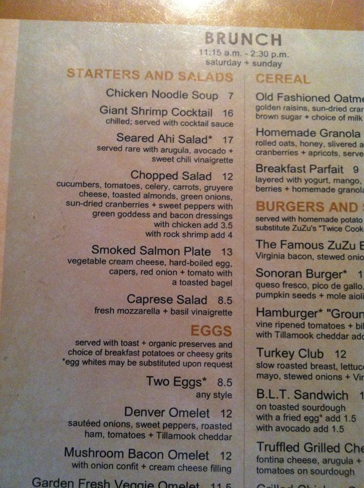 Menu at ZuZu pub & bar, Scottsdale, E Main St