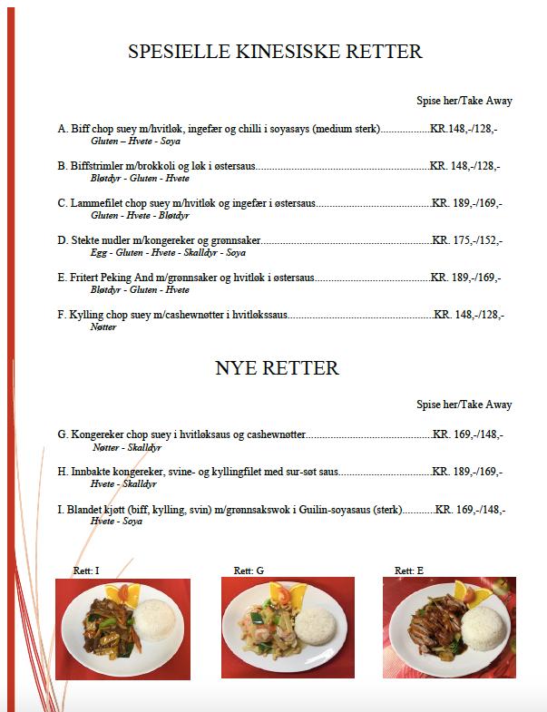 Menu at Beijing Garden Restaurant, Flisa